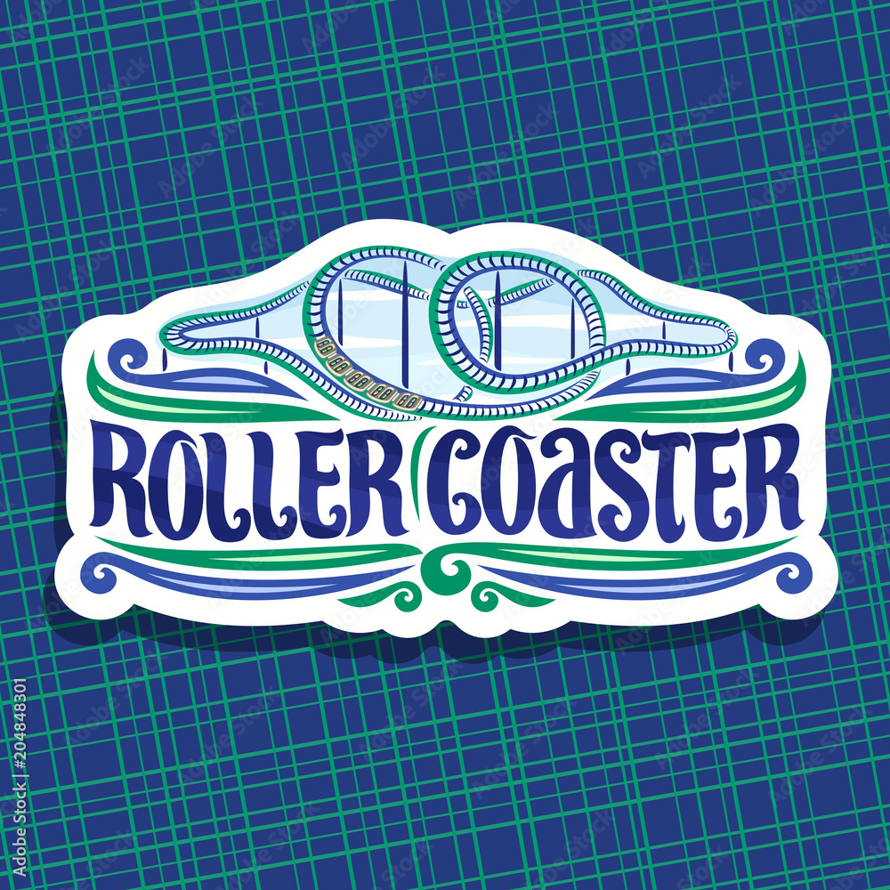 Vector logo for Roller Coaster, cut paper sign with cartoon train go up ...