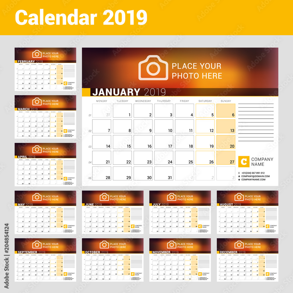 Calendar for 2019 Year. Vector Design Print Template with Place for ...