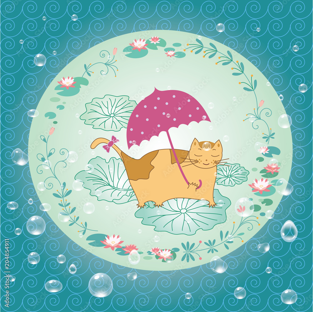 lotus flower and cute cat background Stock Vector | Adobe Stock