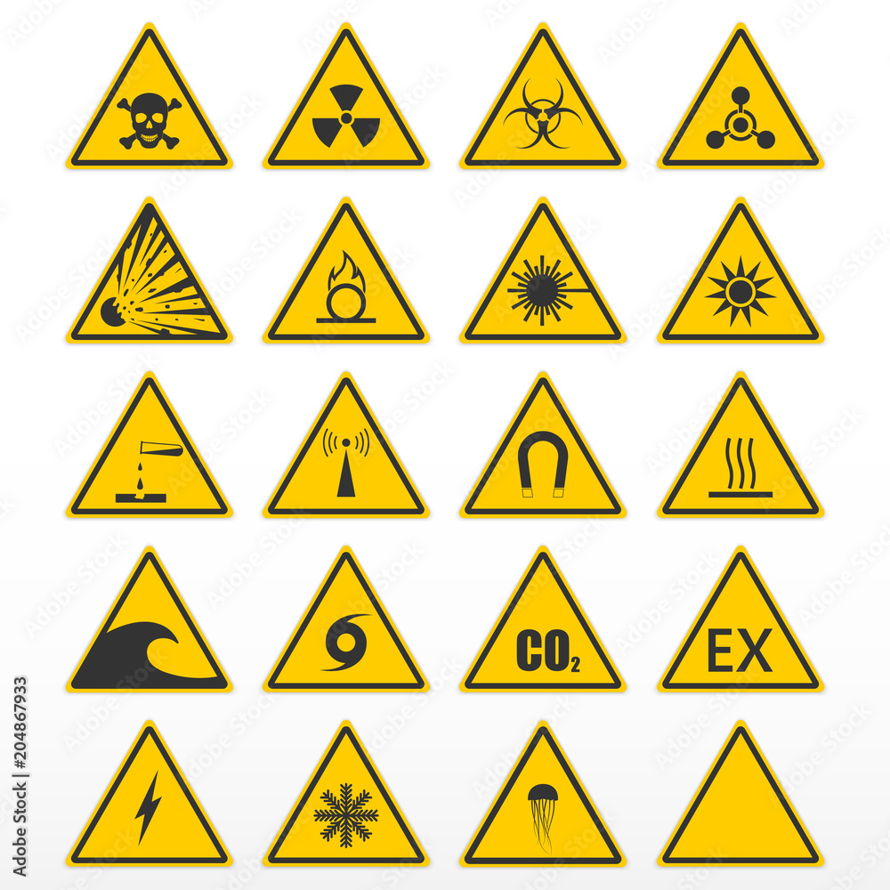 Set of warning signs. Yellow triangles as hazard symbols. Stock ...