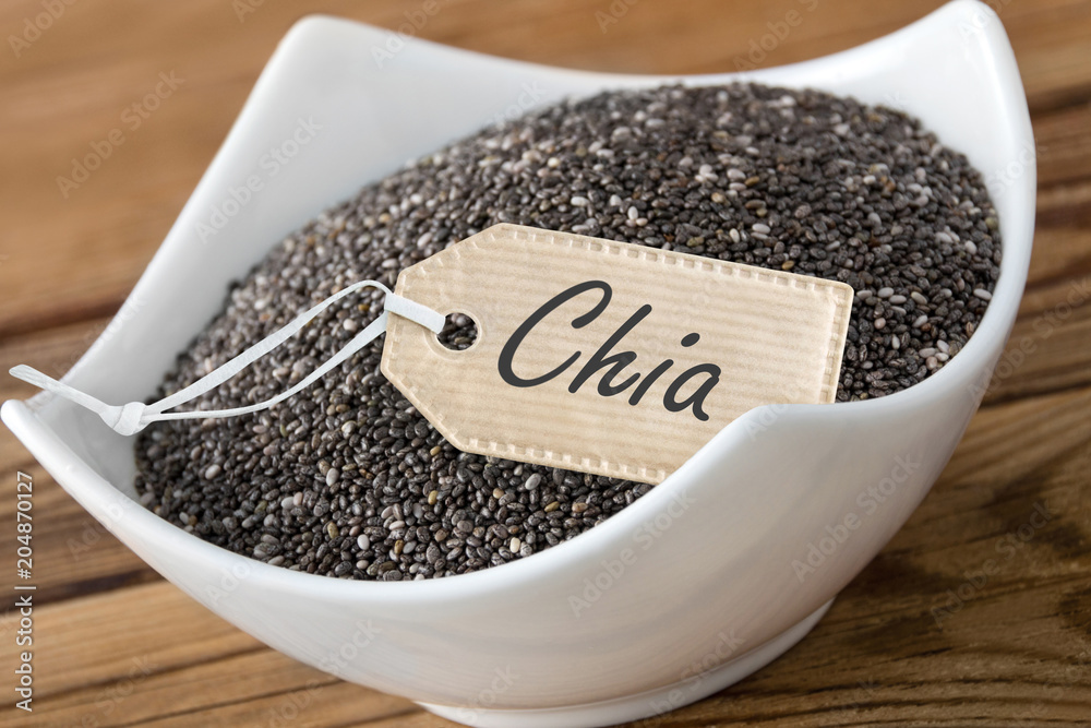 Chia seeds and label Stock Photo | Adobe Stock