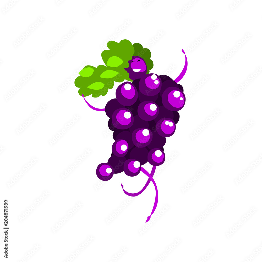 Happy grape cartoon character, girl in funny fruit costume vector ...