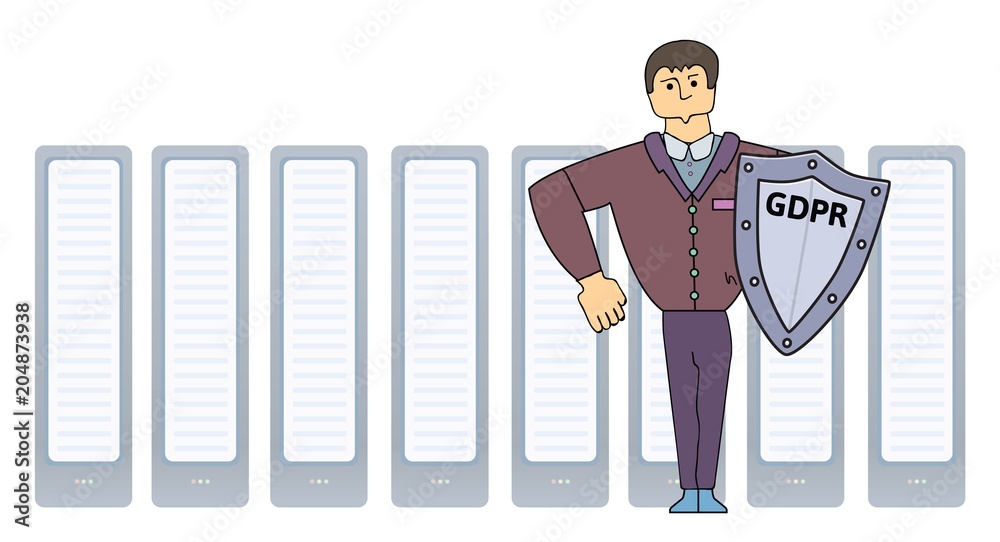 Funny strong man protecting raw of servers with GDPR shield. Cartoon ...