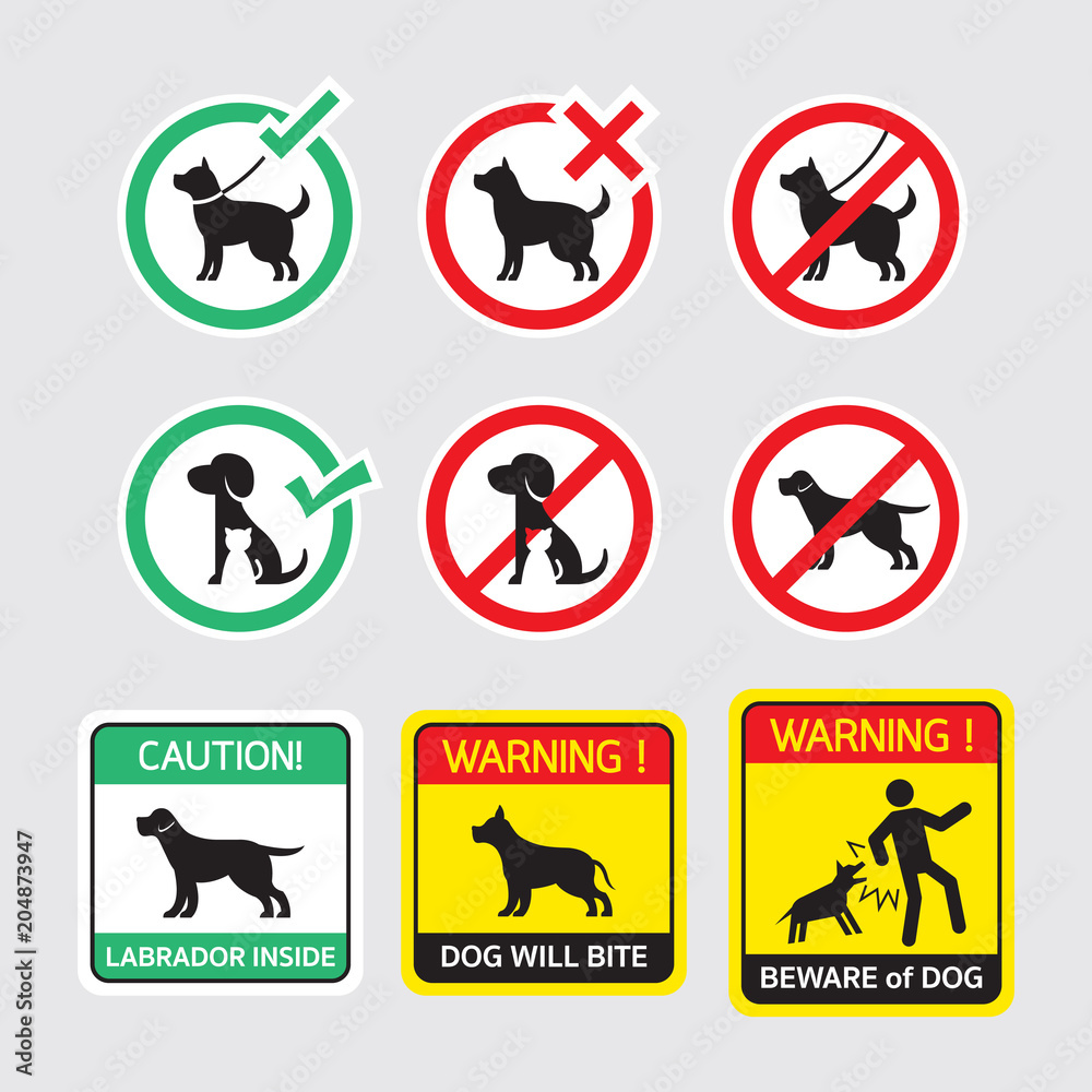 Dogs Symbols Signs, Allowed and Prohibited, Warning, Caution Stock ...