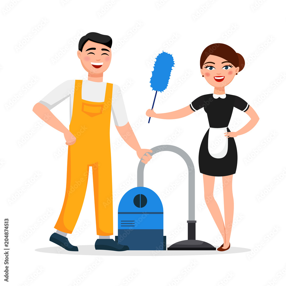 Cleaning service staff smiling cartoon characters isolated on white ...