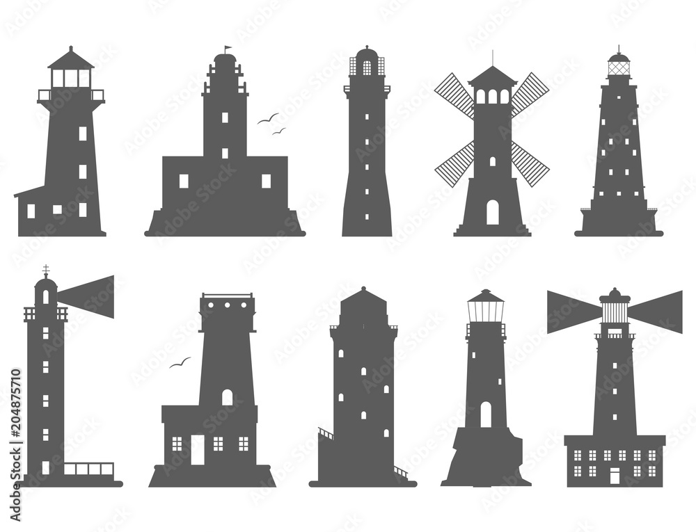 Lighthouses vector silhouette flat searchlight towers for maritime ...