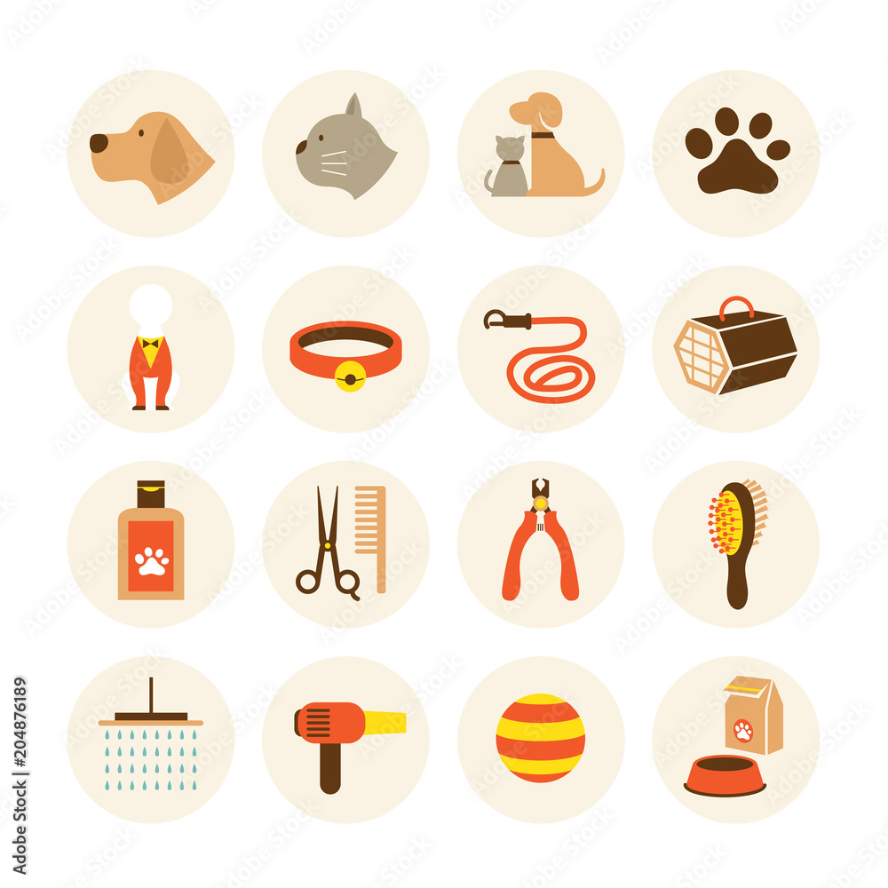 Pets Grooming Shop Icons Set, Cat and Dog, Beauty Equipment Stock ...