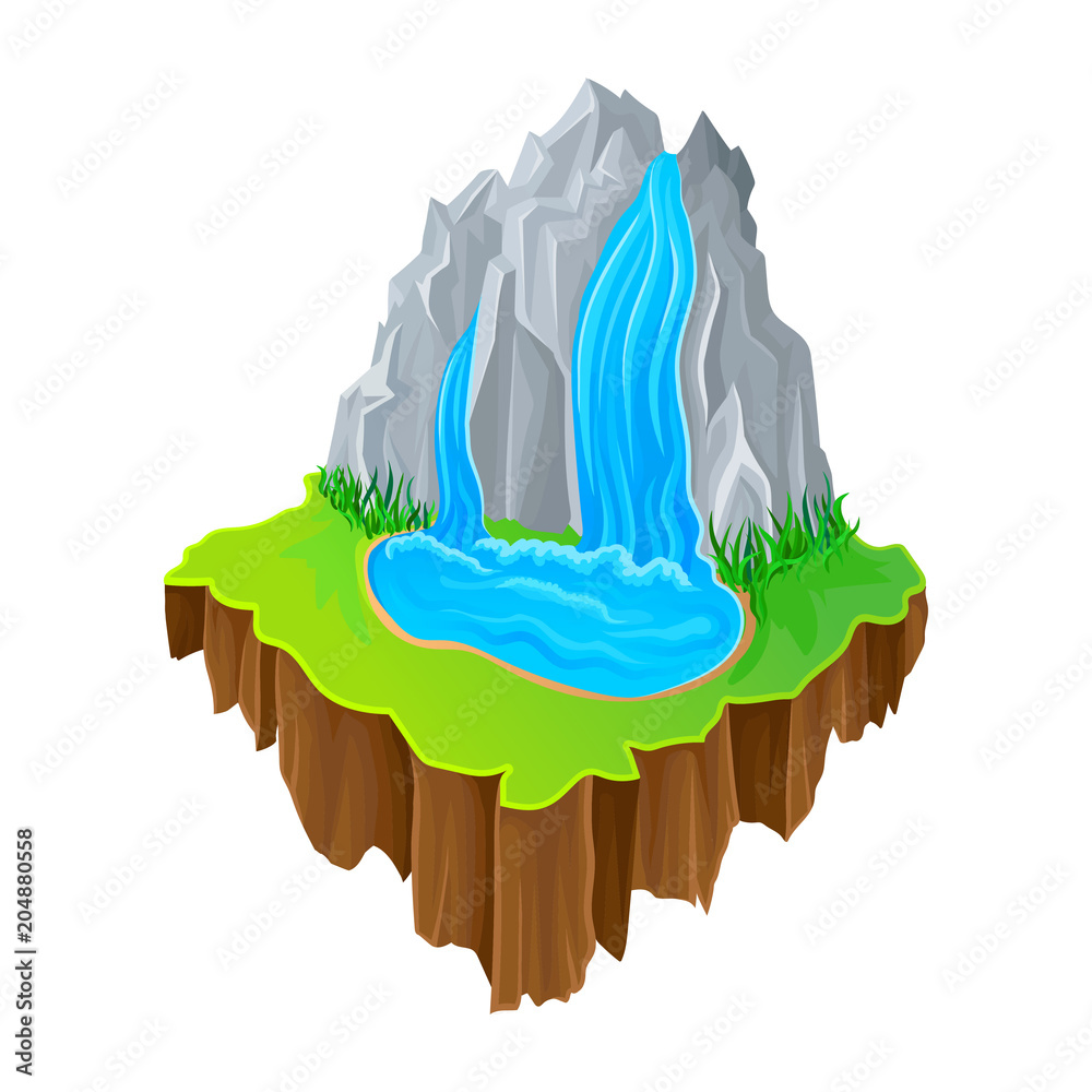 Isometric island with waterfall and green grass. Colorful nature ...