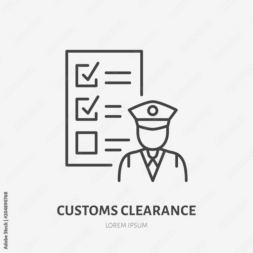 Customs clearance flat line icon. Policeman inspecting luggage sign ...