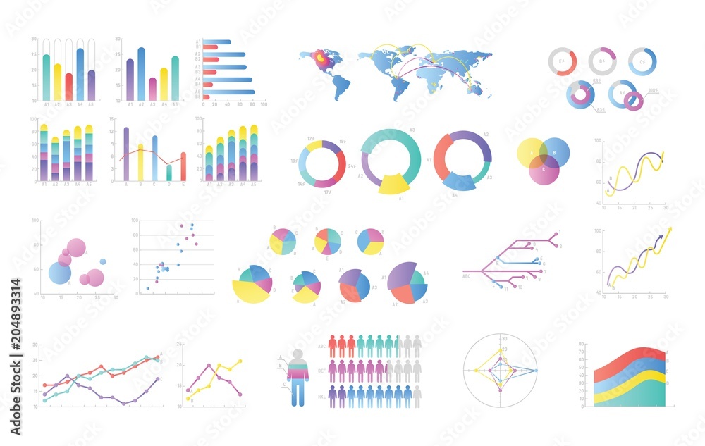 Collection of colorful bar charts, pie diagrams, linear graphs, scatter ...