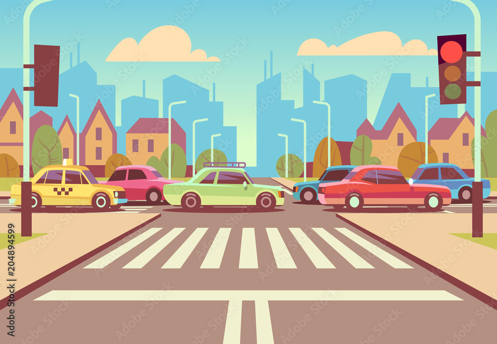 Cartoon city crossroads with cars in traffic jam, sidewalk, crosswalk ...
