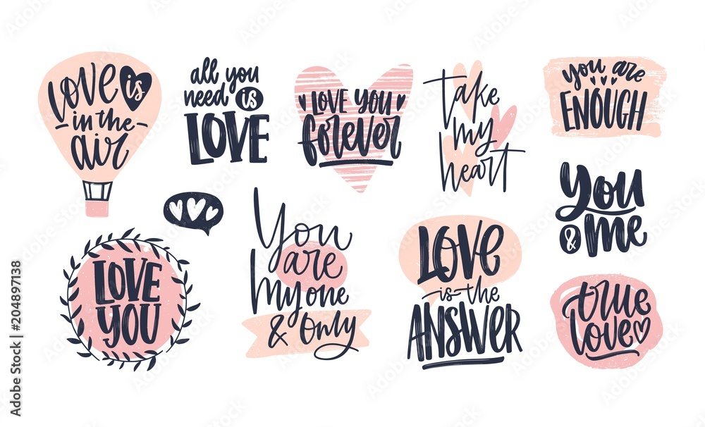 Collection of stylish Valentine's day lettering handwritten with ...