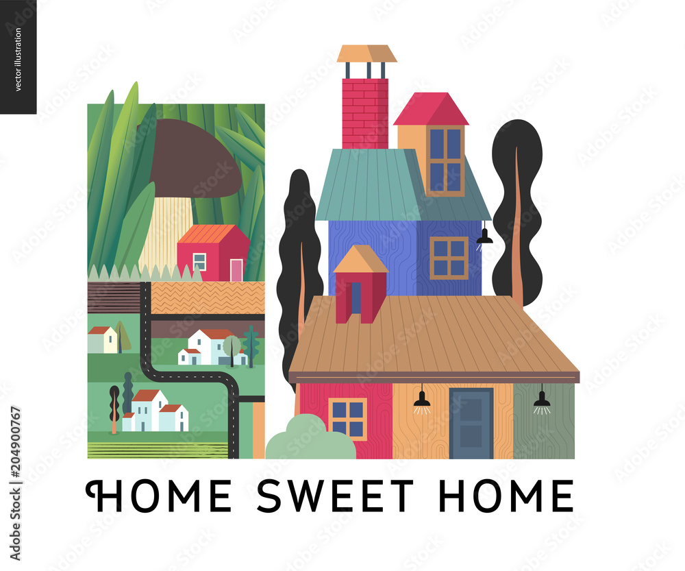 Simple things - color - flat cartoon vector illustration of houses ...