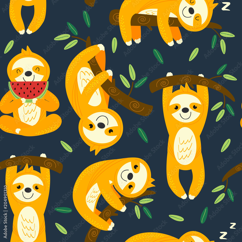 seamless pattern with funny sloths - vector illustration, eps Stock ...