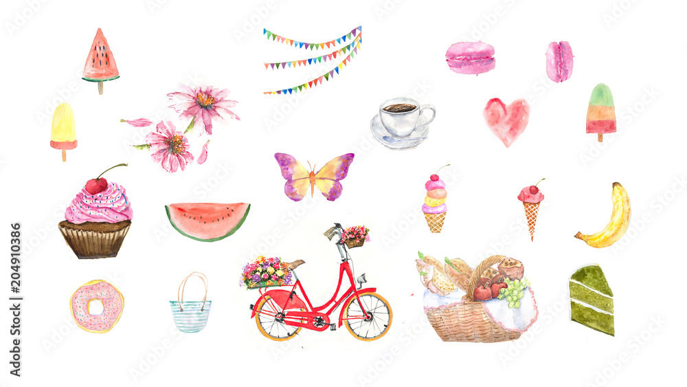 Watercolor illustrator of picnic set with bicycle , basket picnic, cup ...