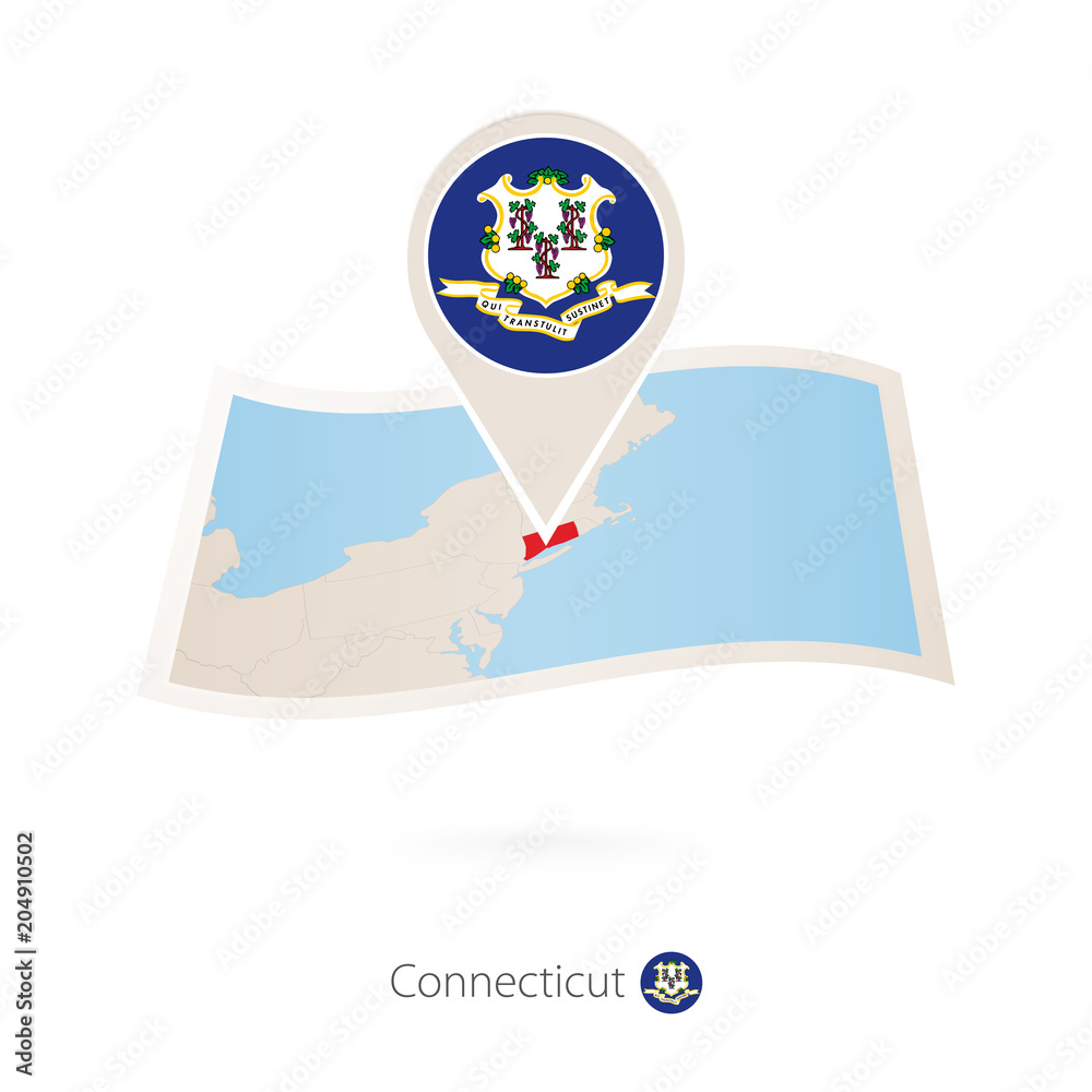 Folded paper map of Connecticut U.S. State with flag pin of Connecticut ...