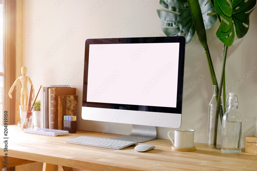 Mock up workspace wooden table with Blank screen computer, dummy ...
