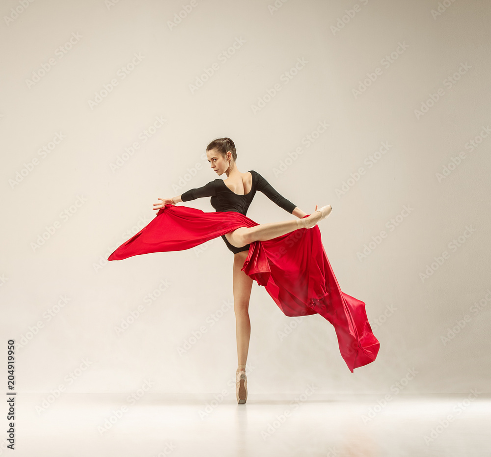 Modern ballet dancer dancing in full body on white studio background ...