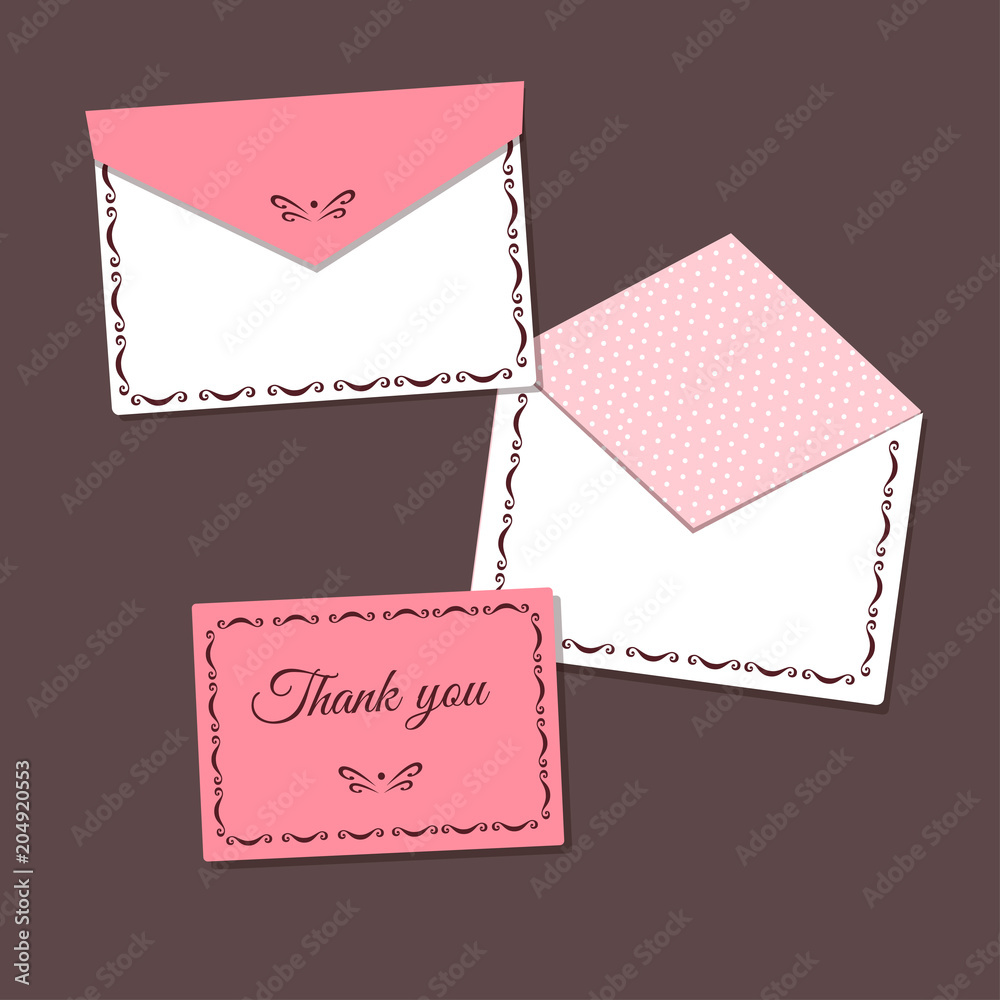 Thank you card and open and closed envelope, decorated pattern and ...