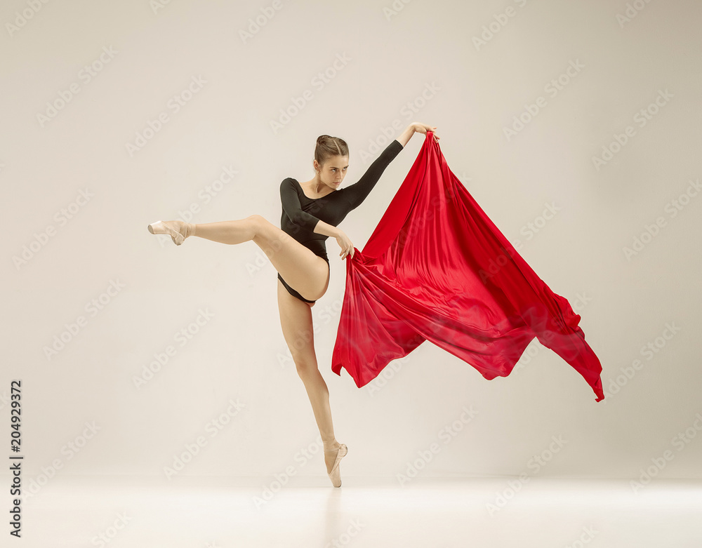 Modern ballet dancer dancing in full body on white studio background ...