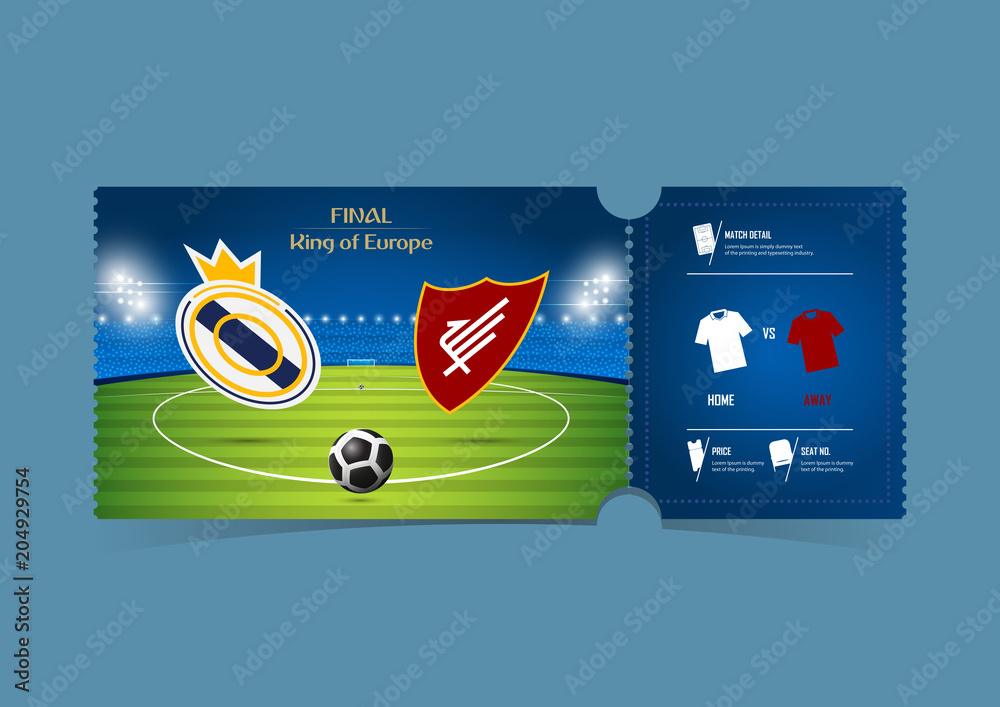 Football or Soccer ticket template design for sport match. Soccer logo ...