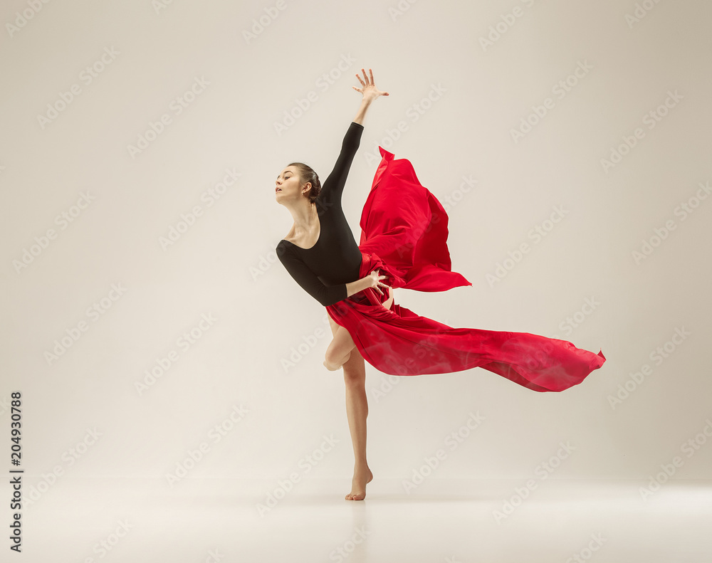 Modern ballet dancer dancing in full body on white studio background ...