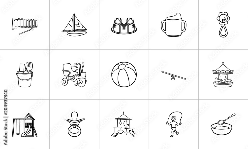 Kids toys and playing accessories hand drawn outline doodle icon set ...