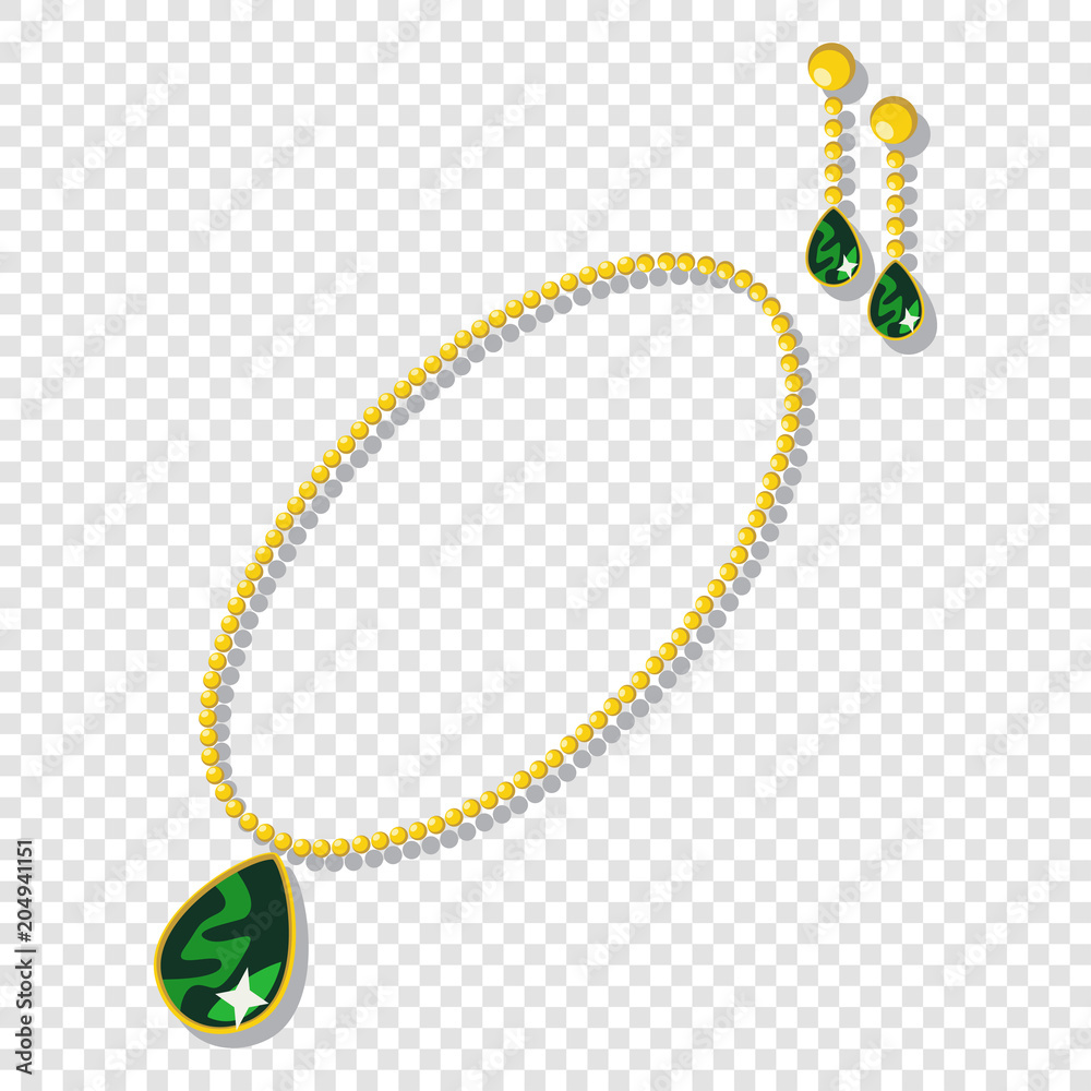 Gold jewelry accessories: necklaces and earrings with green gemstones ...