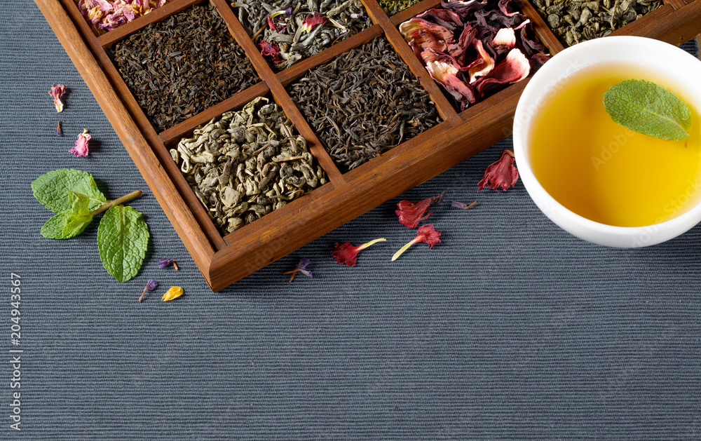 Dry tea assortment in wooden box Stock Photo | Adobe Stock