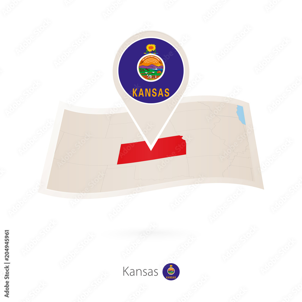 Folded paper map of Kansas U.S. State with flag pin of Kansas. Stock ...