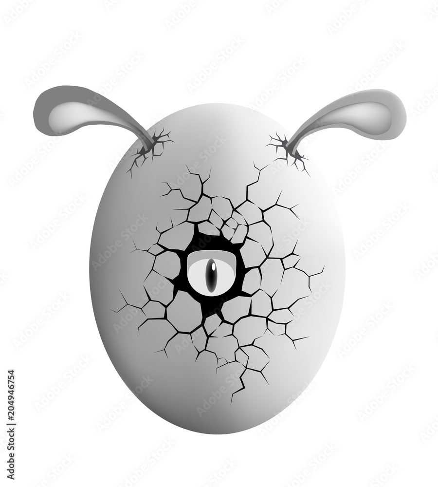 Egg with cracks and eye. Monster bunny peeking out of an egg shell ...