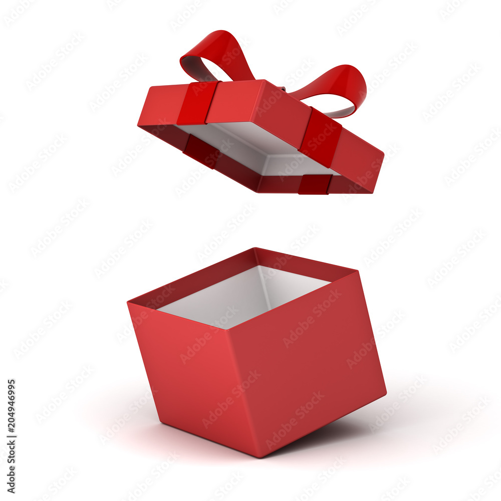 Open gift box , Red present box with red ribbon bow isolated on white ...