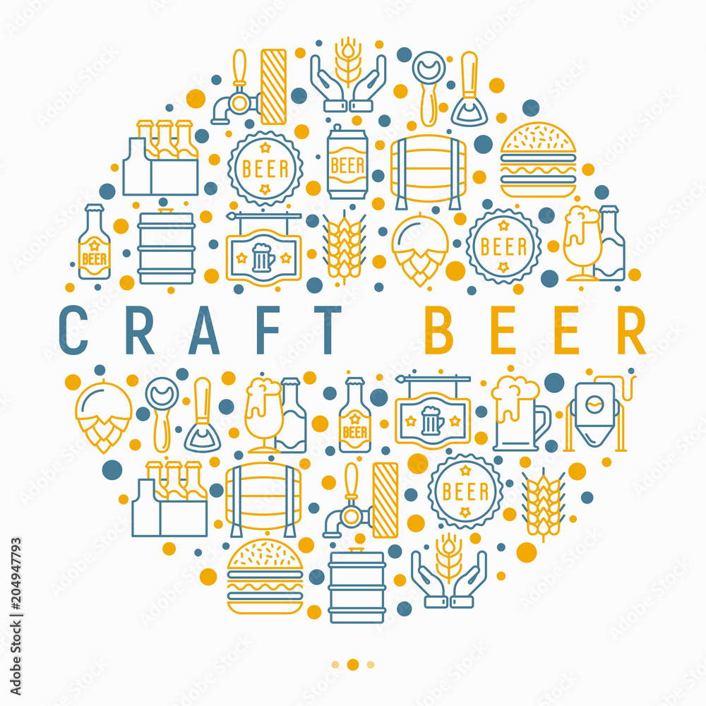 Craft beer concept in circle with thin line icons related to ...