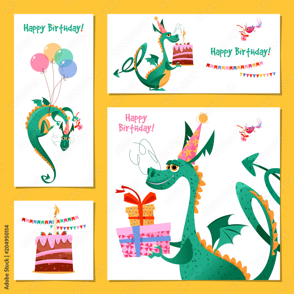 Set of 4 universal cards with dragon. Template. Happy birthday ...