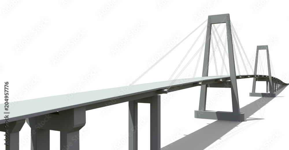 Cable-stayed bridge with a road overpass. 3d rendering. Stock ...