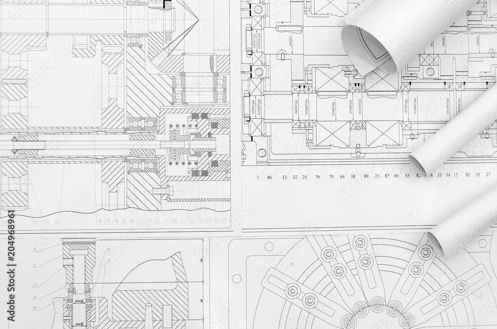 Technical drawing - machine parts close up Stock Photo | Adobe Stock