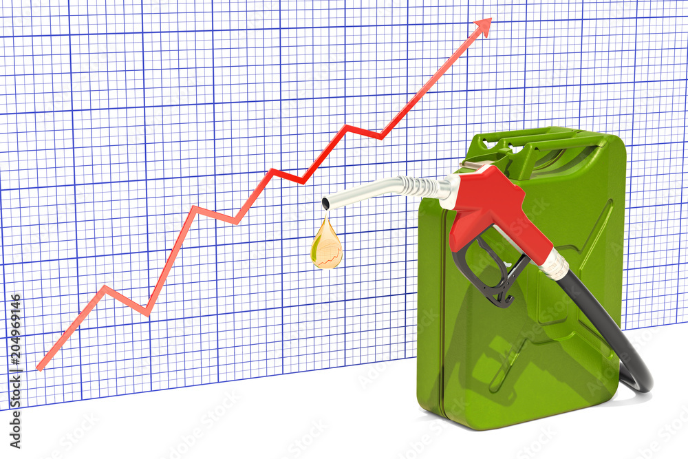 Fuel pump nozzle and jerrycan with growing chart. 3D rendering Stock ...
