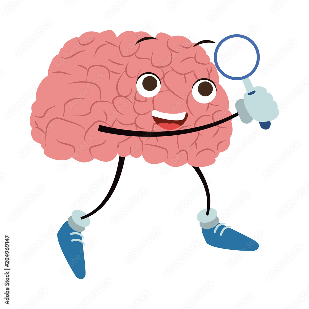 Funny brain cartoon with magnifying glass vector illustration graphic ...