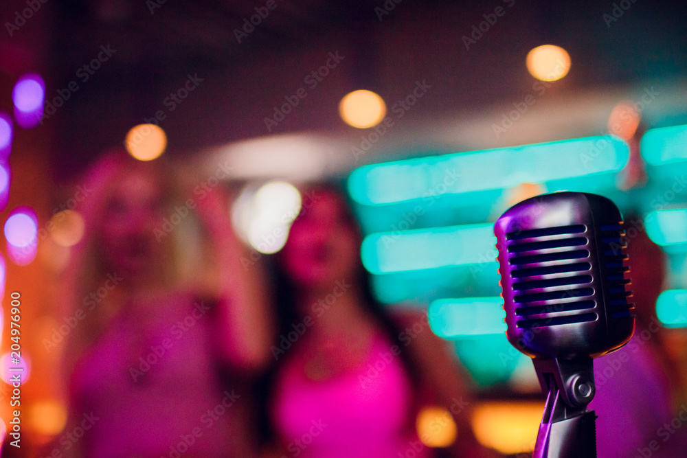 microphone on stand up comedy stage with reflectors ray, high contrast ...