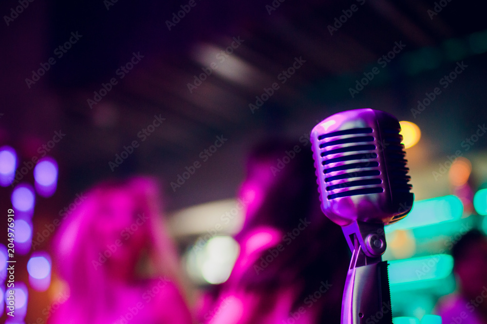 microphone on stand up comedy stage with reflectors ray, high contrast ...
