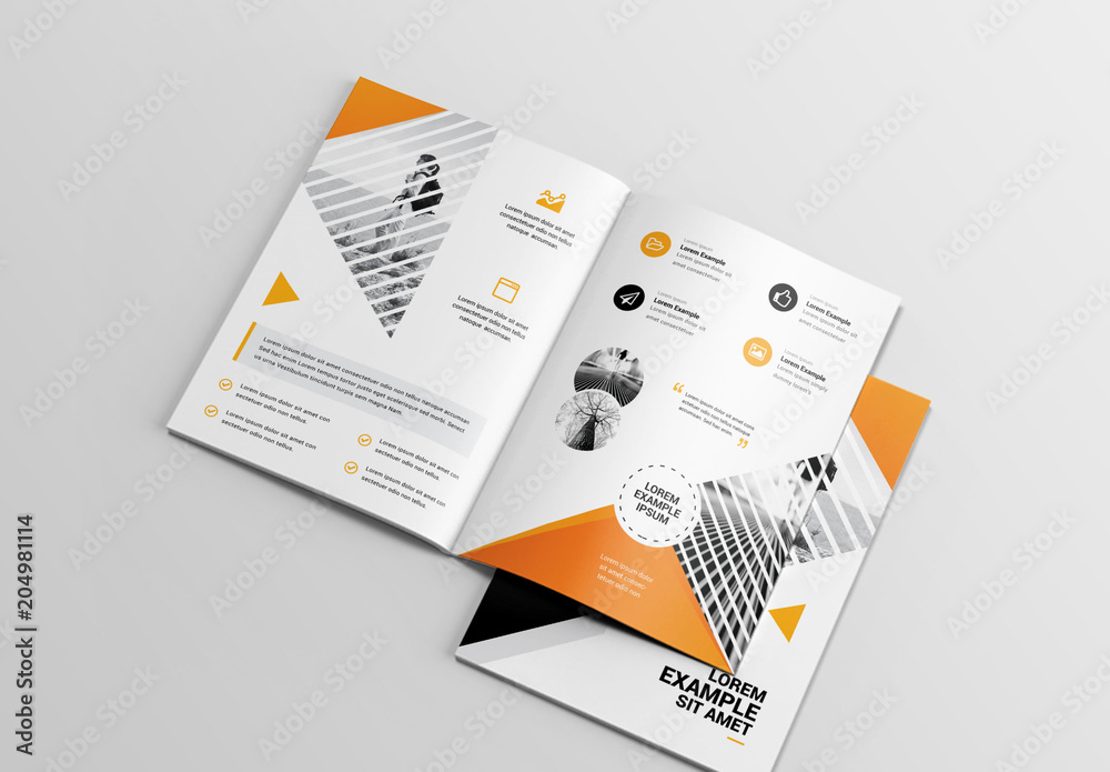 Brochure Layout with Orange Geometric Elements Stock Template | Adobe Stock