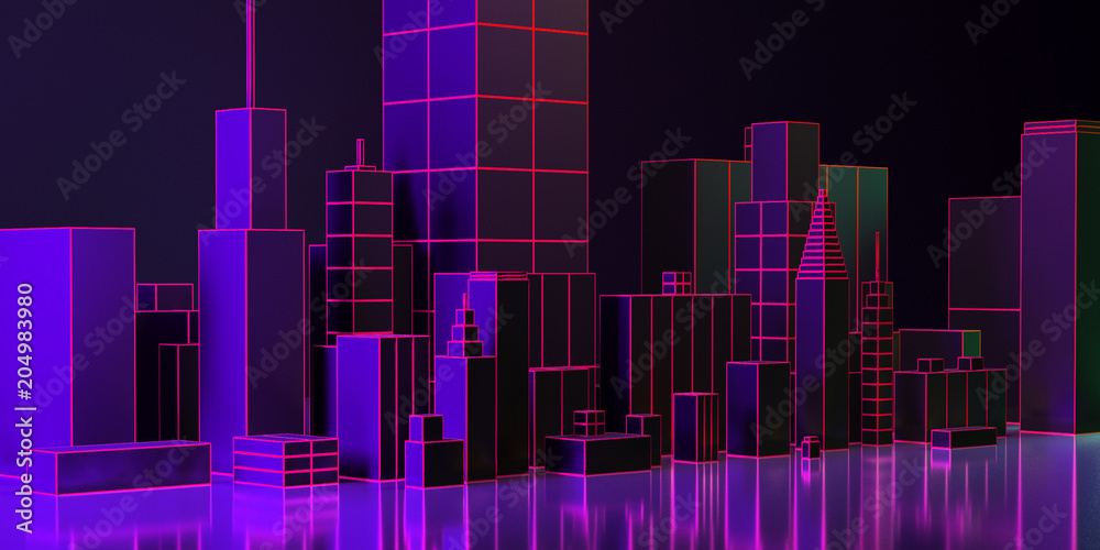 3d illustration. Night city layout with neon glow and vivid colors ...