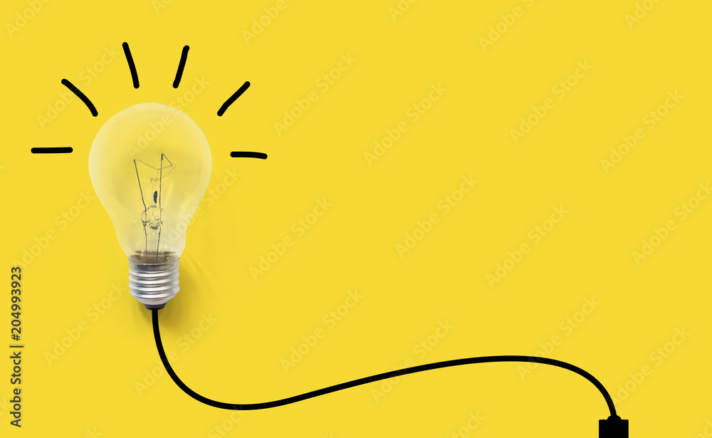 Creative thinking ideas brain innovation concept. Light bulb on yellow ...