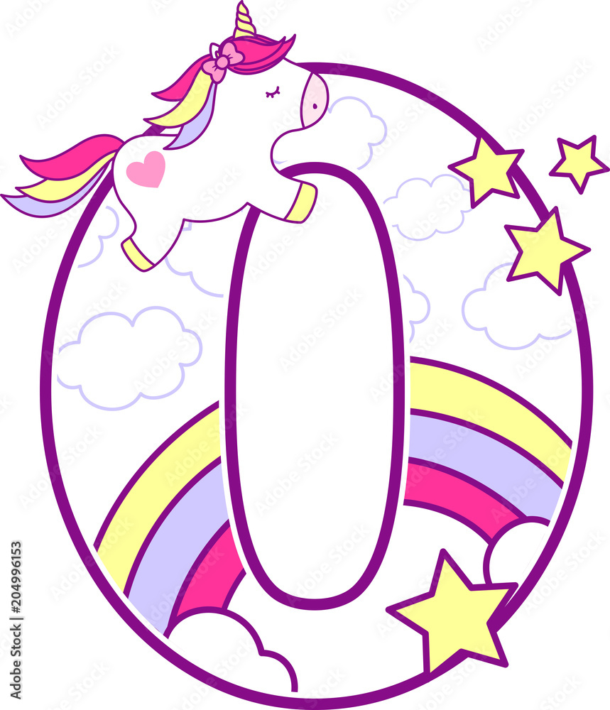 number 0 with cute unicorn and rainbow. can be used for baby birth ...