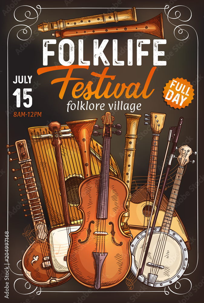 Folk music festival poster with musical instrument Stock Vector | Adobe ...