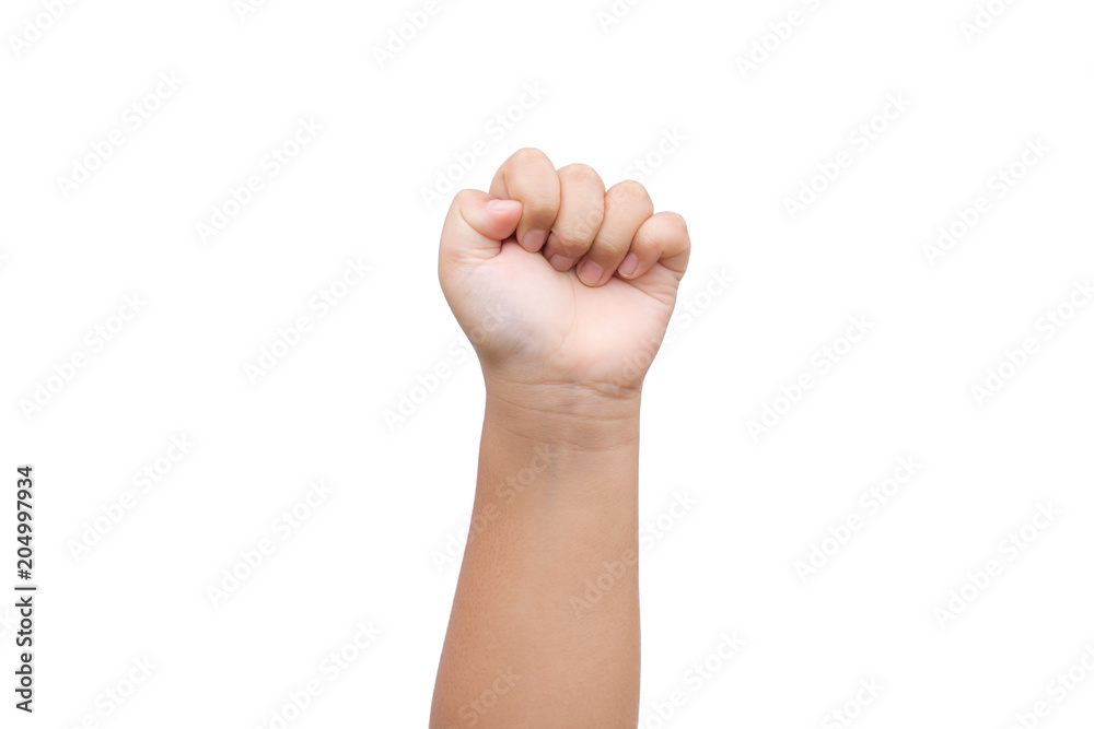 Children Boy hand showing fist as rock paper sign on white background ...