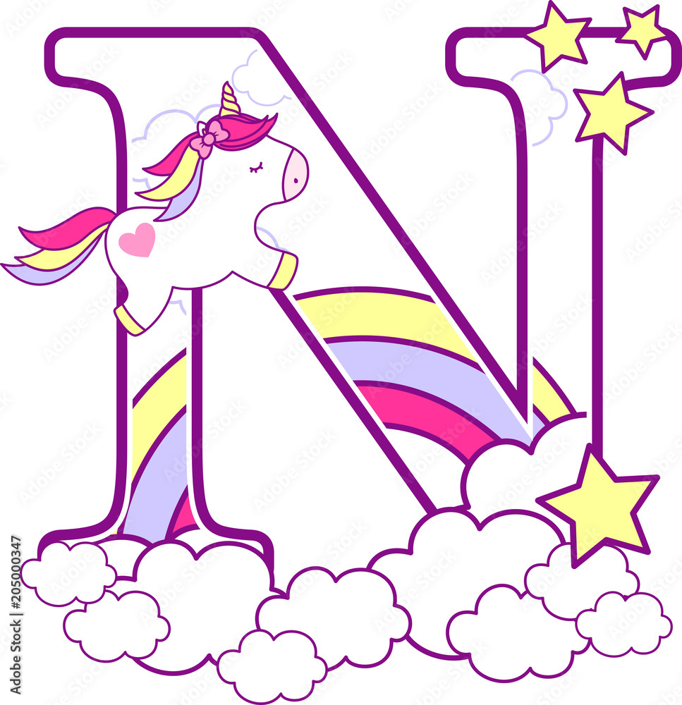 initial n with cute unicorn and rainbow. can be used for baby birth ...