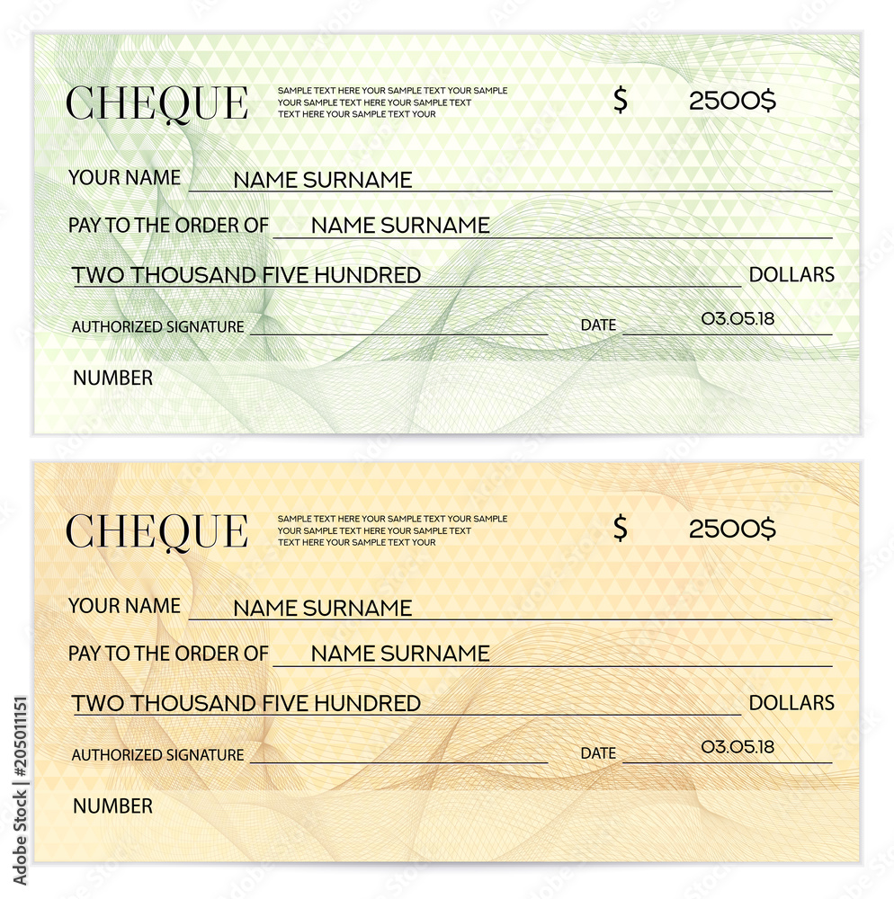 Check (cheque), Chequebook template. Guilloche pattern with watermark ...