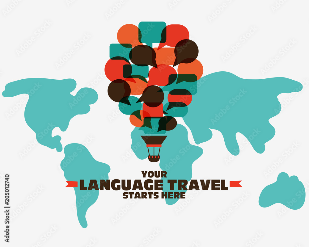 Your language travel starts here. Poster design with hot air balloon ...