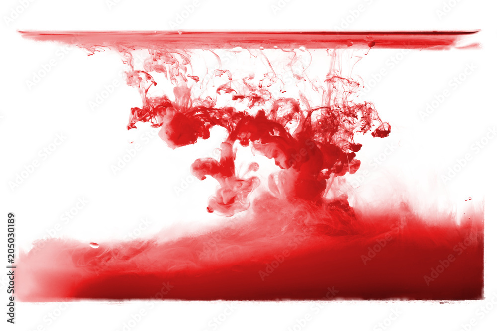 Red watercolor ink drop splash diffuse on isolated white background ...